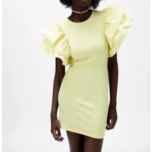 Zara | Dresses | Nwt Zara Yellow Bodycon Ruffle Sleeves Mini Dress M ...
